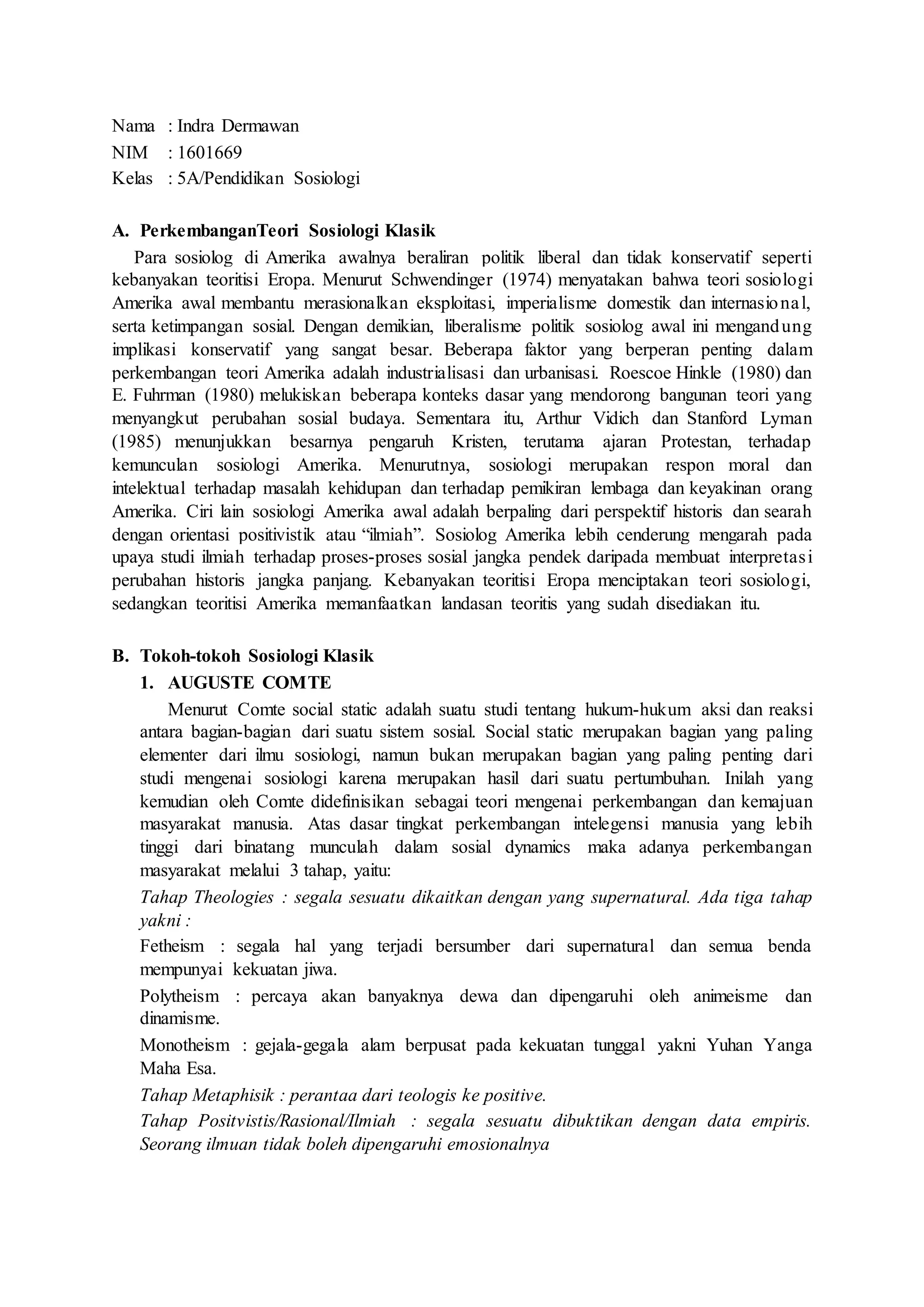 Teori sosiologi klasik | DOCX