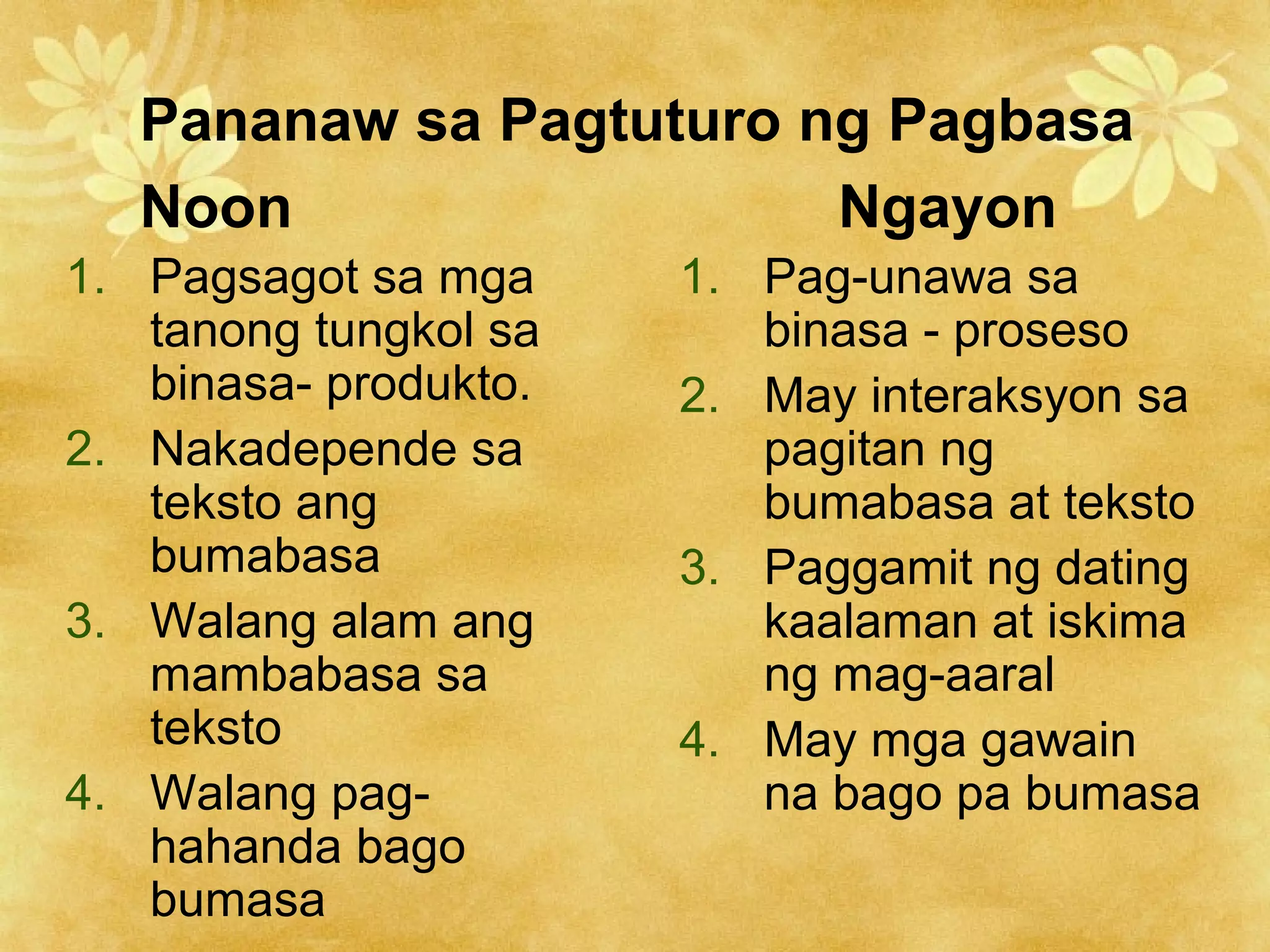 Teorya at pananaw sa pagtuturo ng pagbasa final | PPT