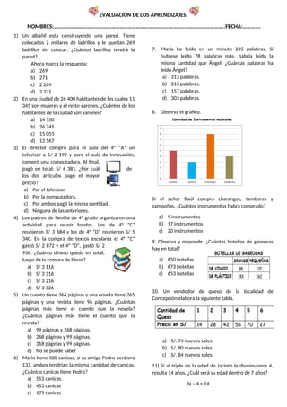 TERCER EXAMEN QUINCENAL DE MATEMATICA CUARTO GRADO | DOCX