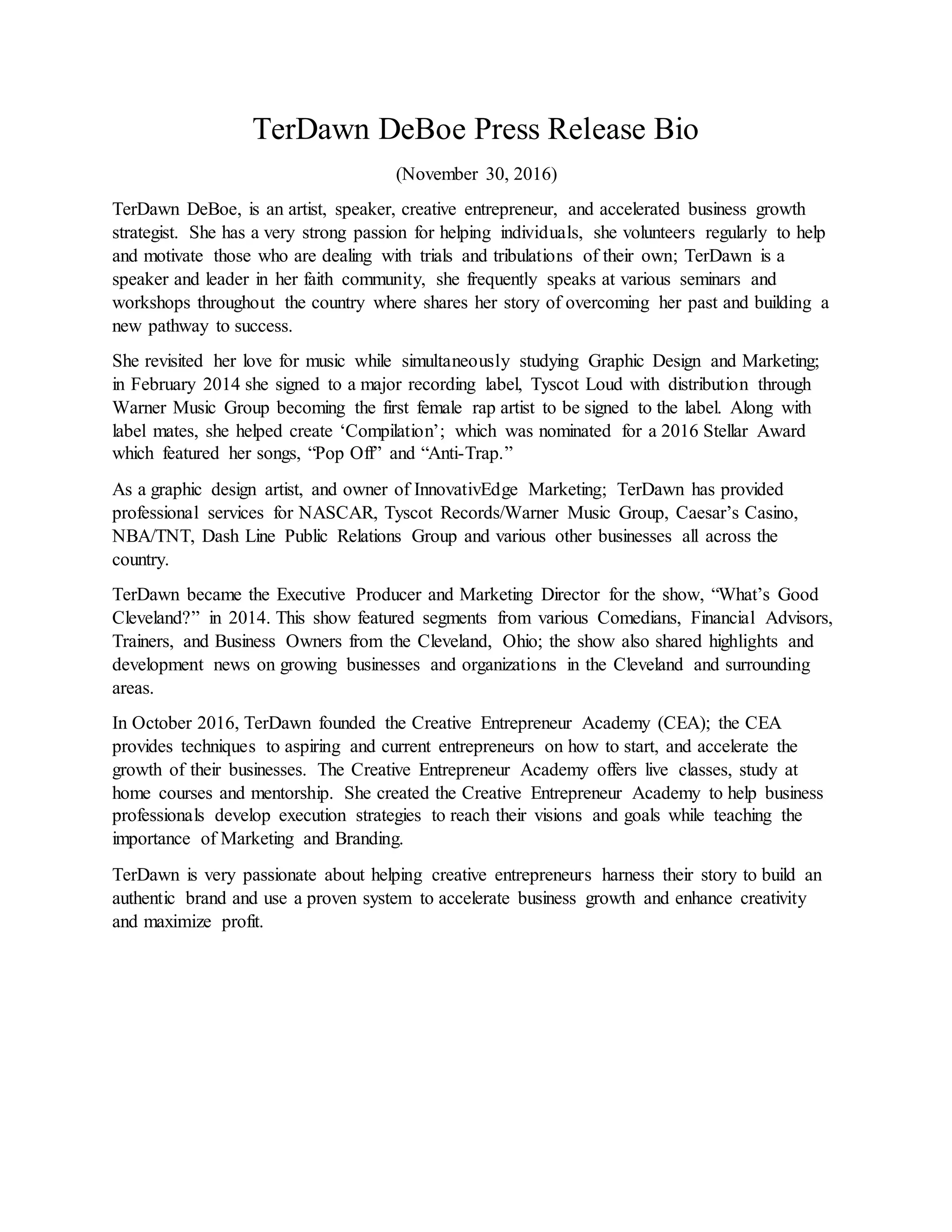 TerDawn DeBoe Bio Press Release | DOCX