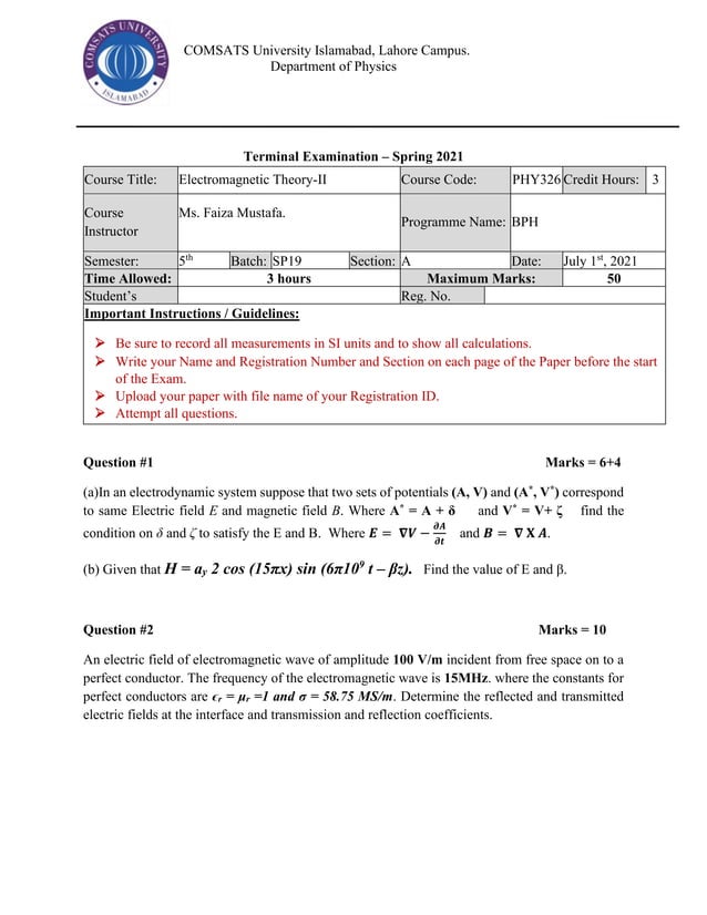 Terminal examination emf ii | PDF | Physics | Science