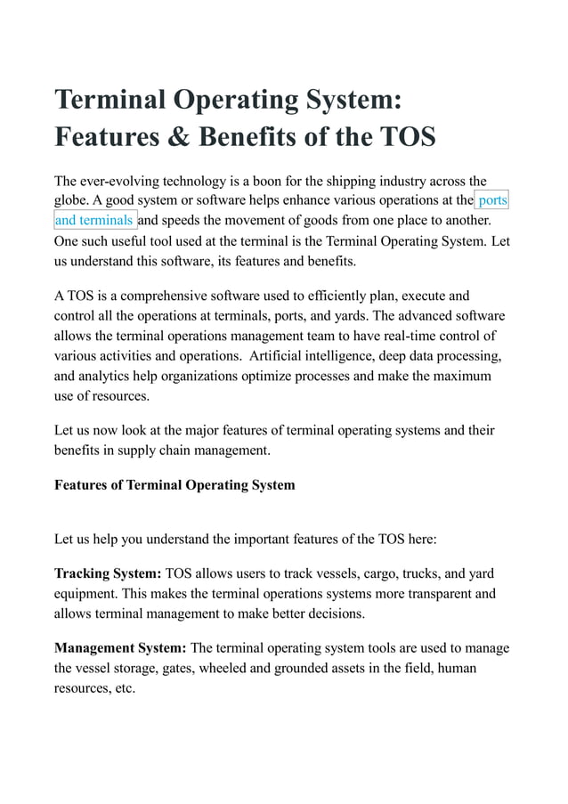 Terminal Operating System Features And Benefits Of The Tos Pdf Operating Systems Computer