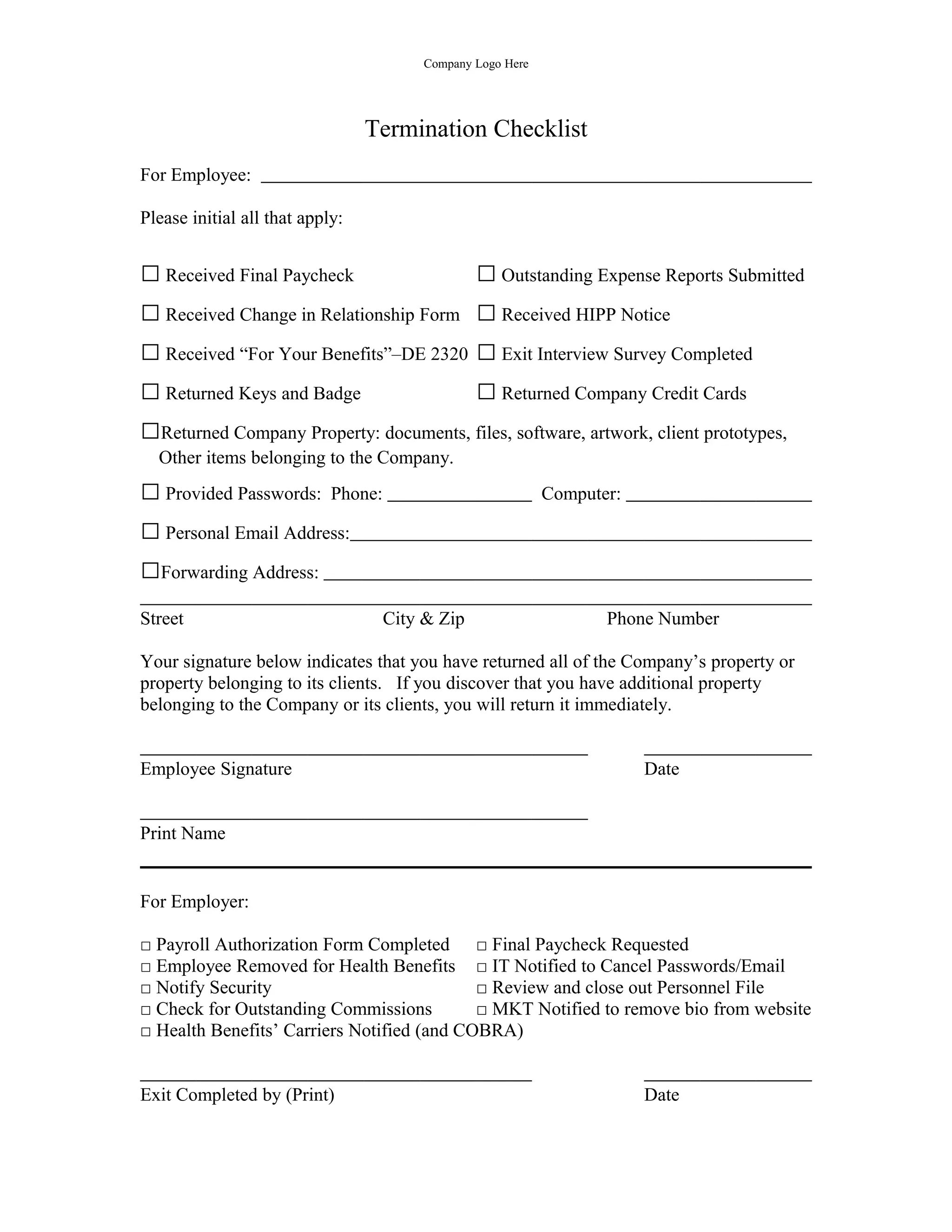 Employee Termination Check List | DOC