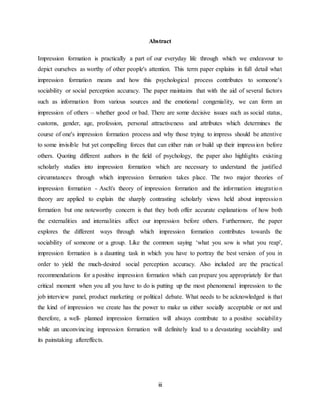 What is impression formation? How does it contribute to sociability or ...