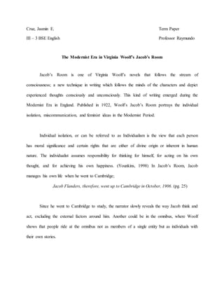 Term Paper on Virginia Woolf's Jacob's Room | DOCX