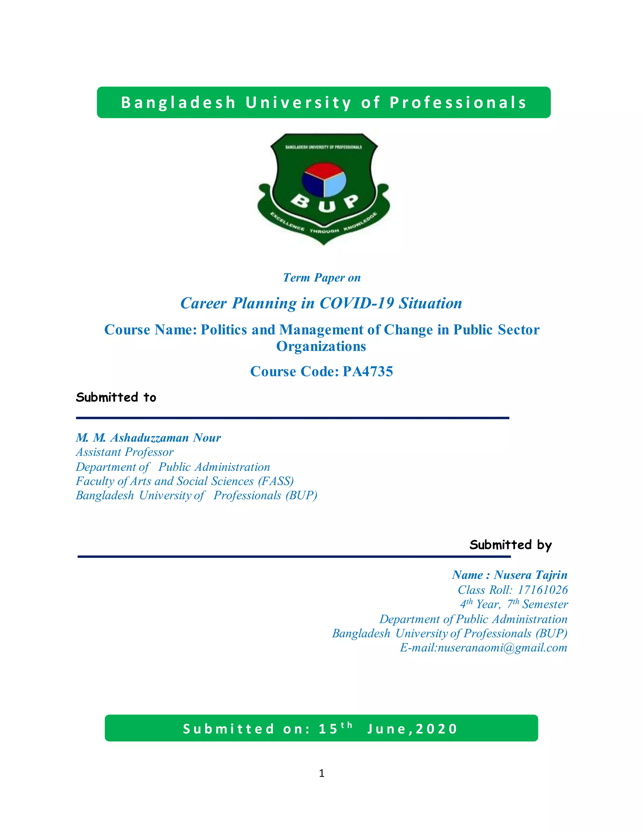 Term paper Career Planning in Covid-19 | PDF