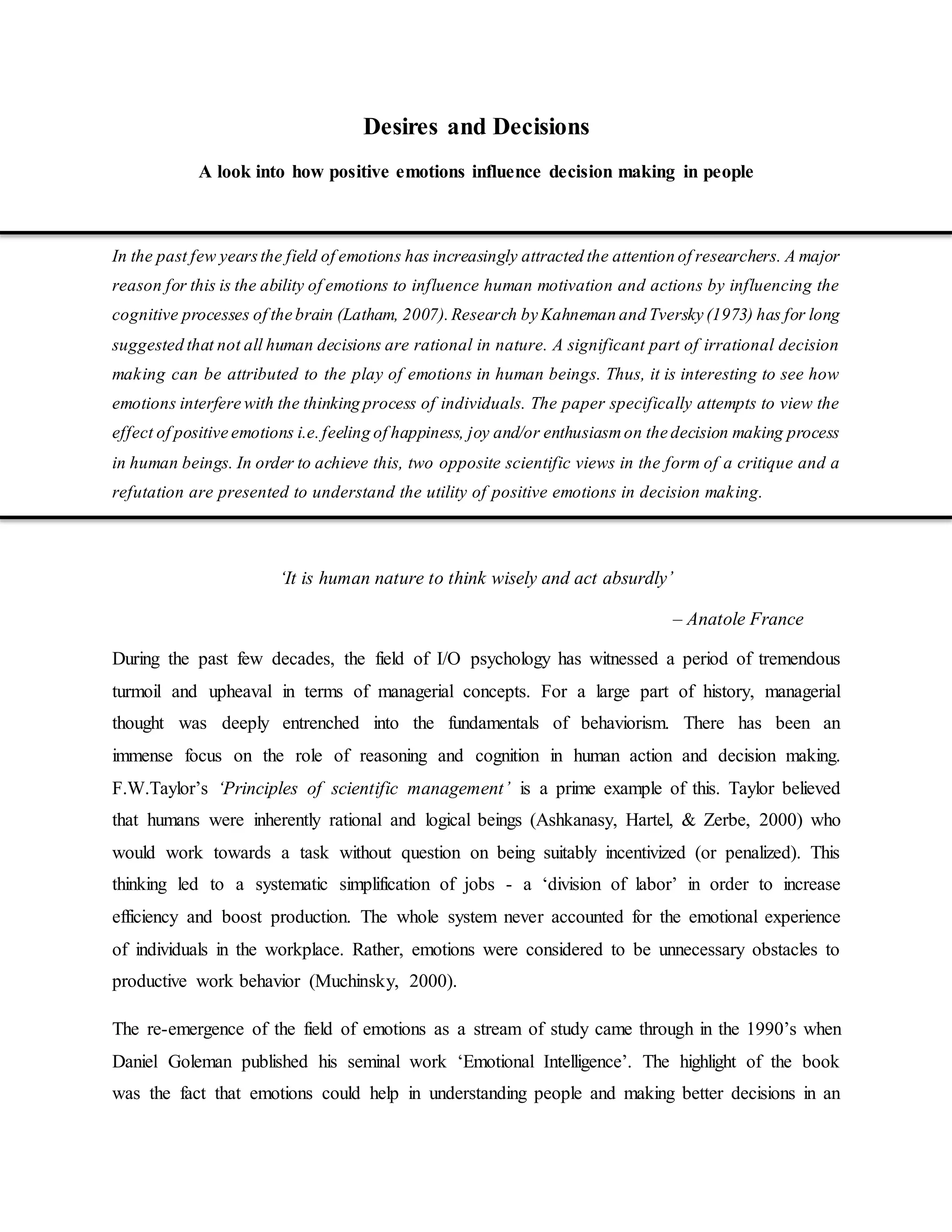 Desires and Decisions - A look into how positive emotions influence ...