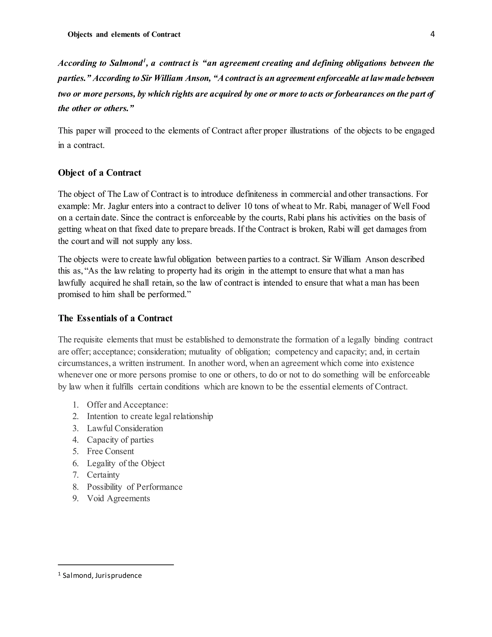 Objects and Elements of Contract With relevant Case References | DOCX