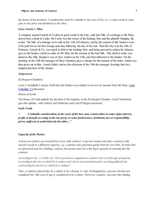 Objects and Elements of Contract With relevant Case References | DOCX ...