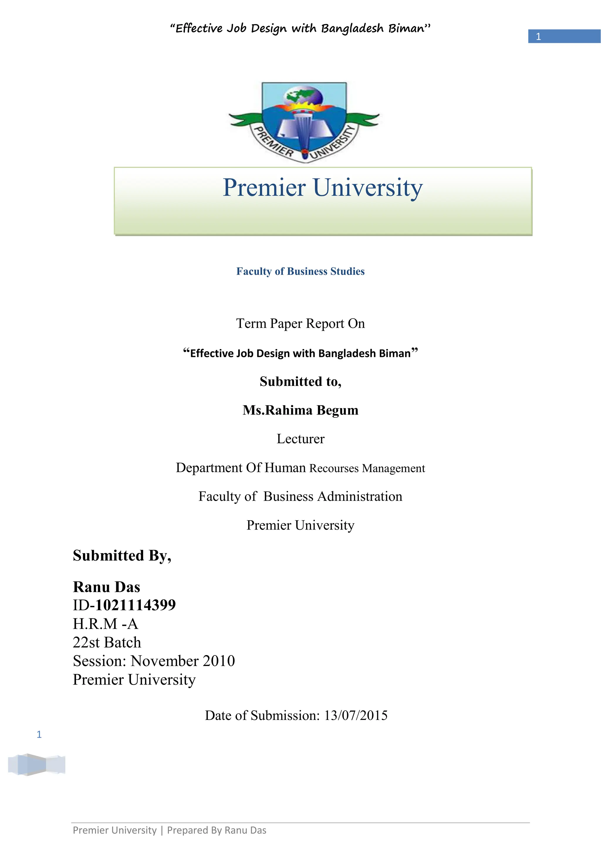 Effective Job Design with Bangladesh Biman | PDF