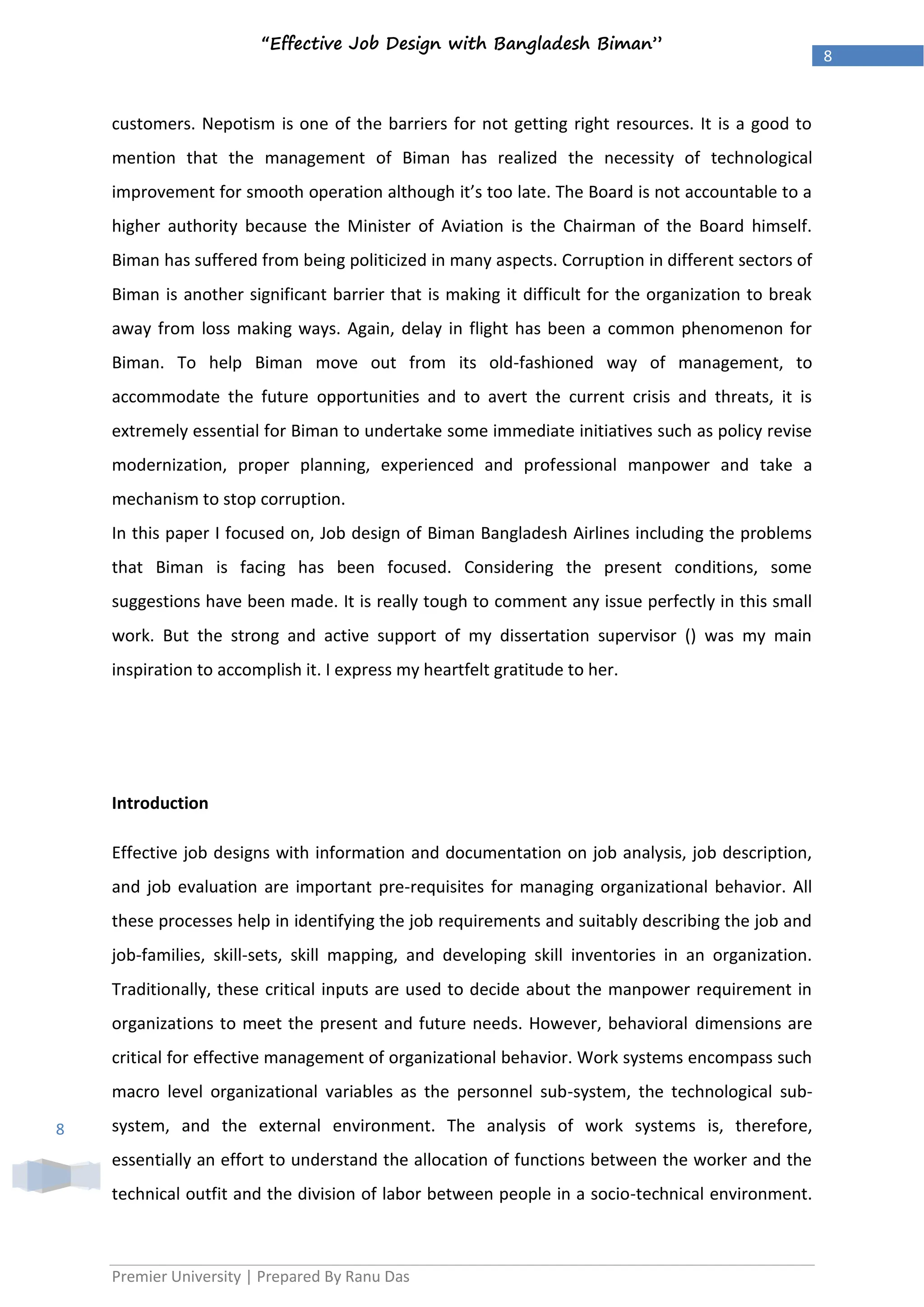 Effective Job Design with Bangladesh Biman | DOCX | Aviation Industry ...