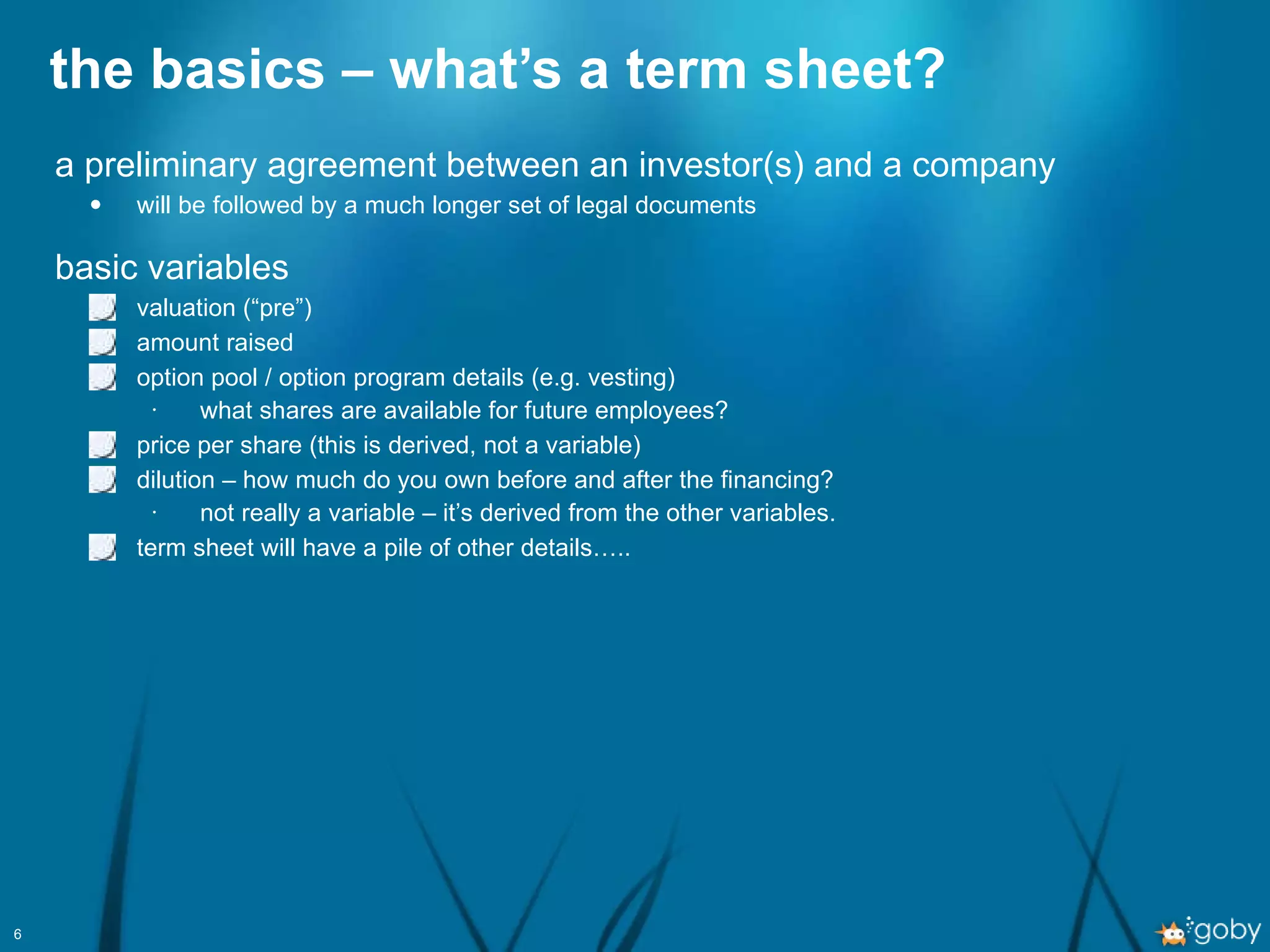 Term Sheet Basics | PPT | Venture Capital | Business Banking & Finance