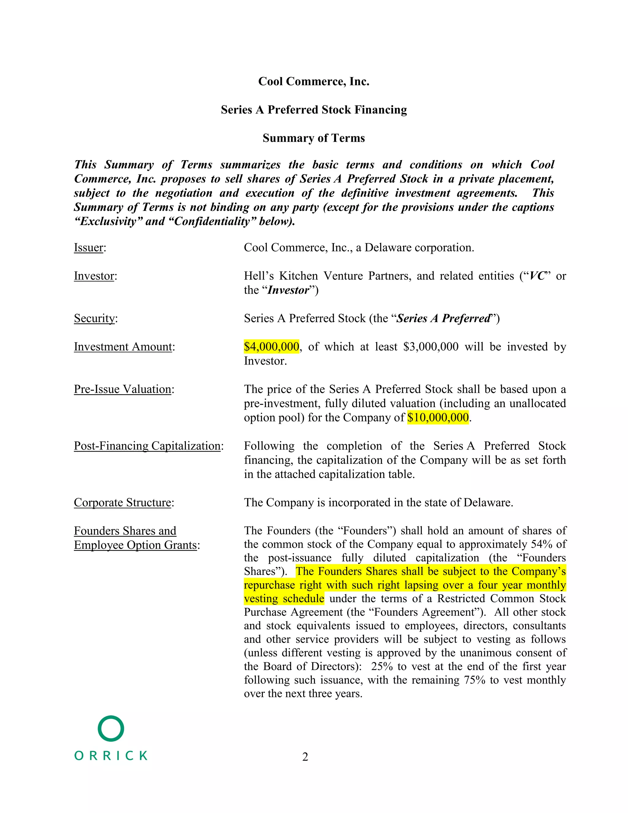 Sample Term Sheet | PDF | Business Accounting & Finance | Business