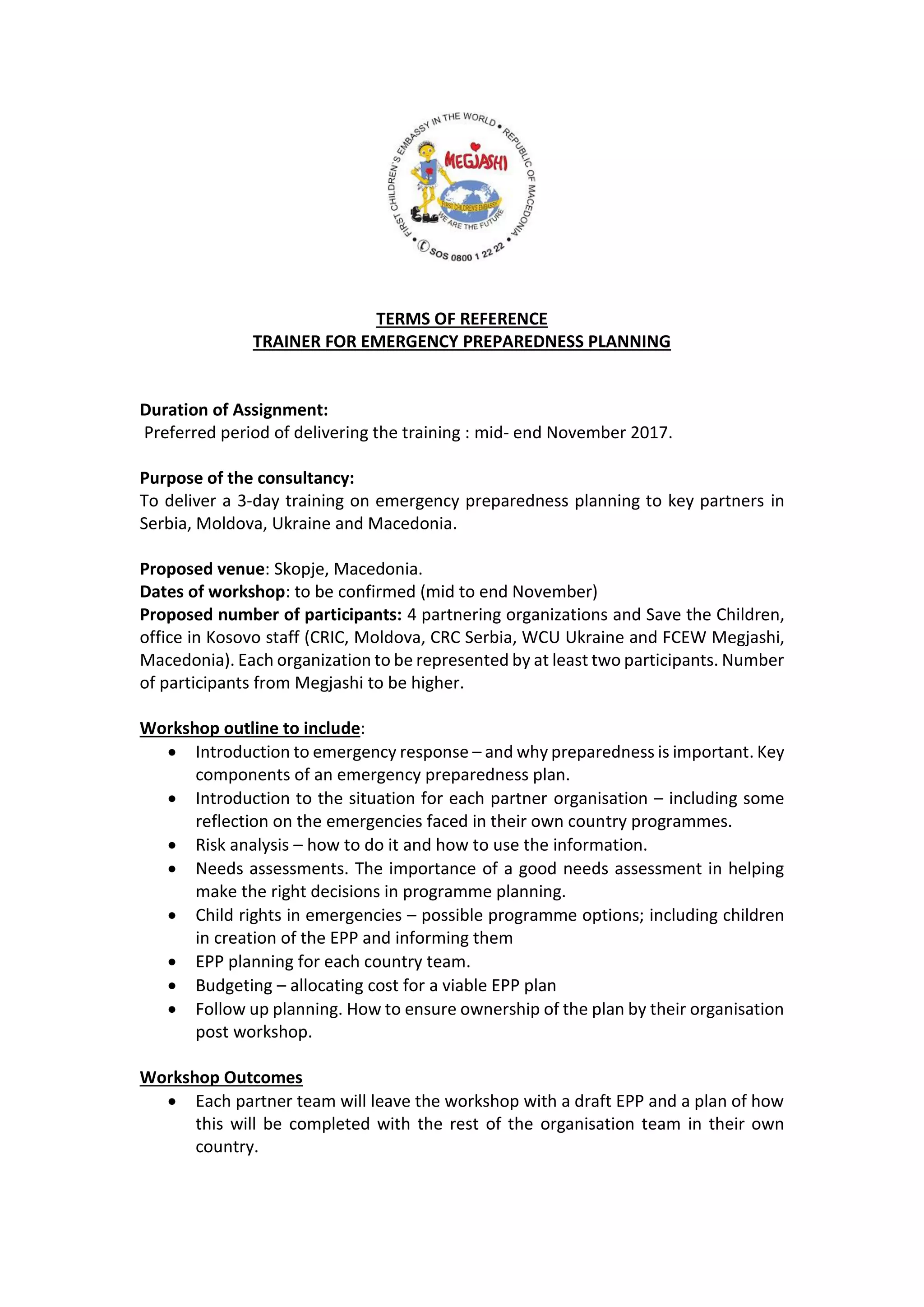 TERMS OF REFERENCE TRAINER FOR EMERGENCY PREPAREDNESS PLANNING | PDF