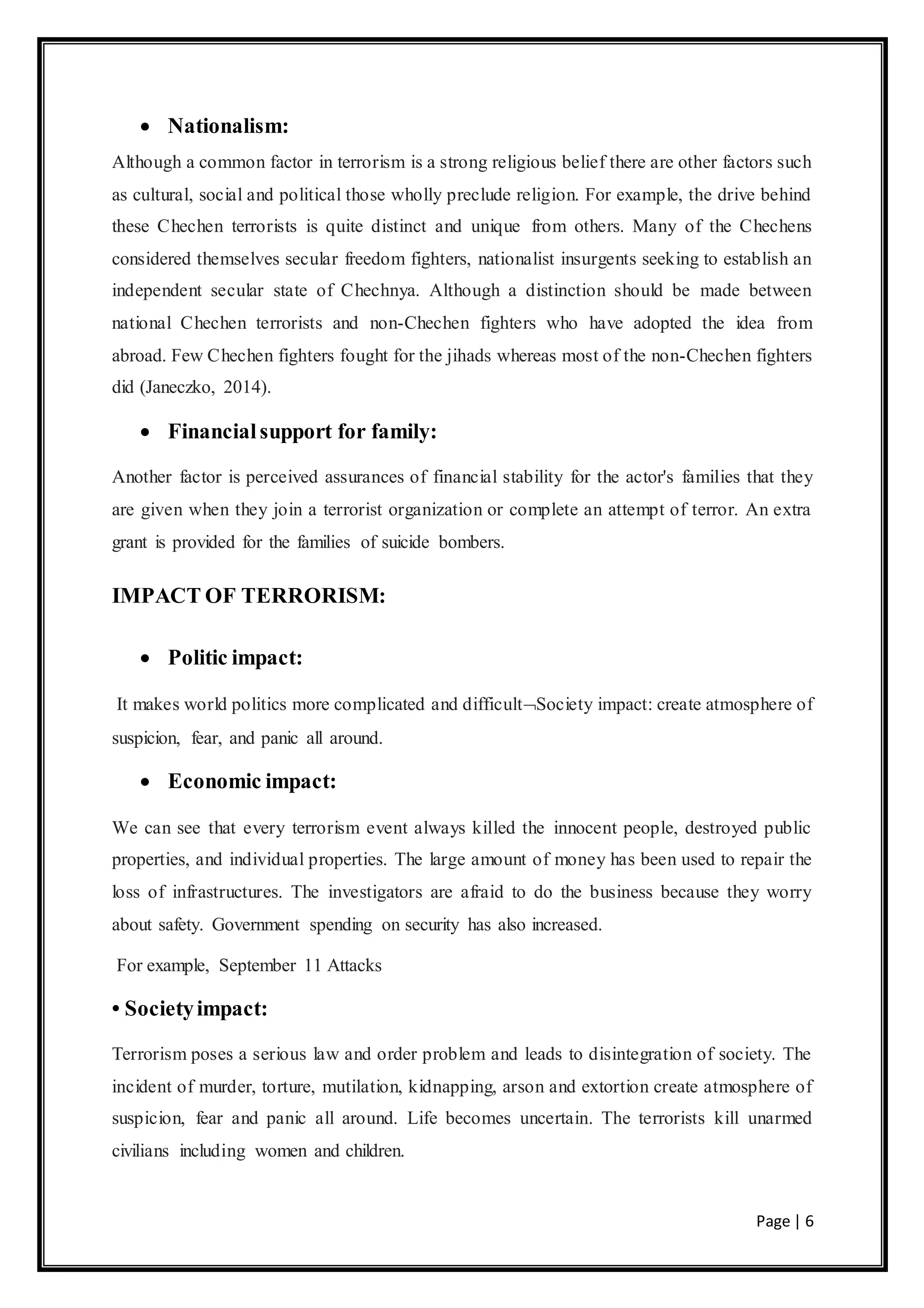 Terrorism | Types of Terrorism | Impacts of terrorism | DOCX