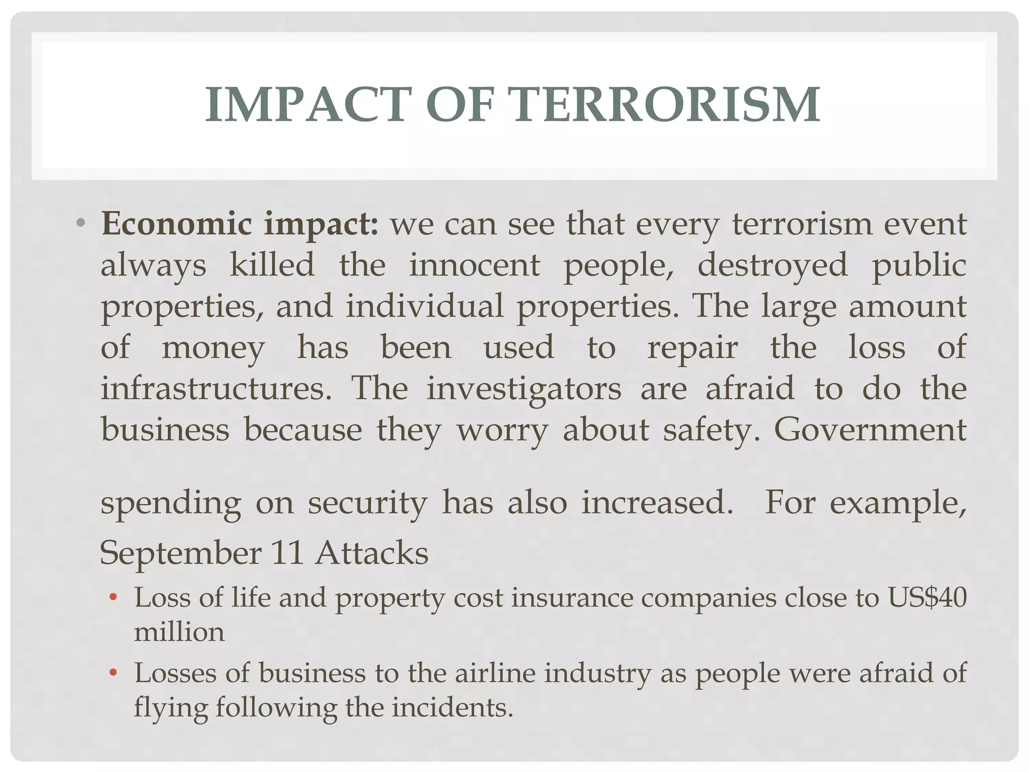 Terrorism causes, effects, and solutions | PPTX