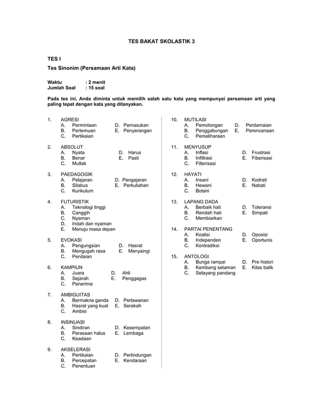 Tes bakat skolastik 3 | DOC