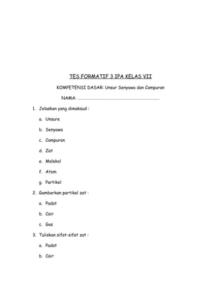 Tes formatif 1 kelas vii ipa smp | DOC