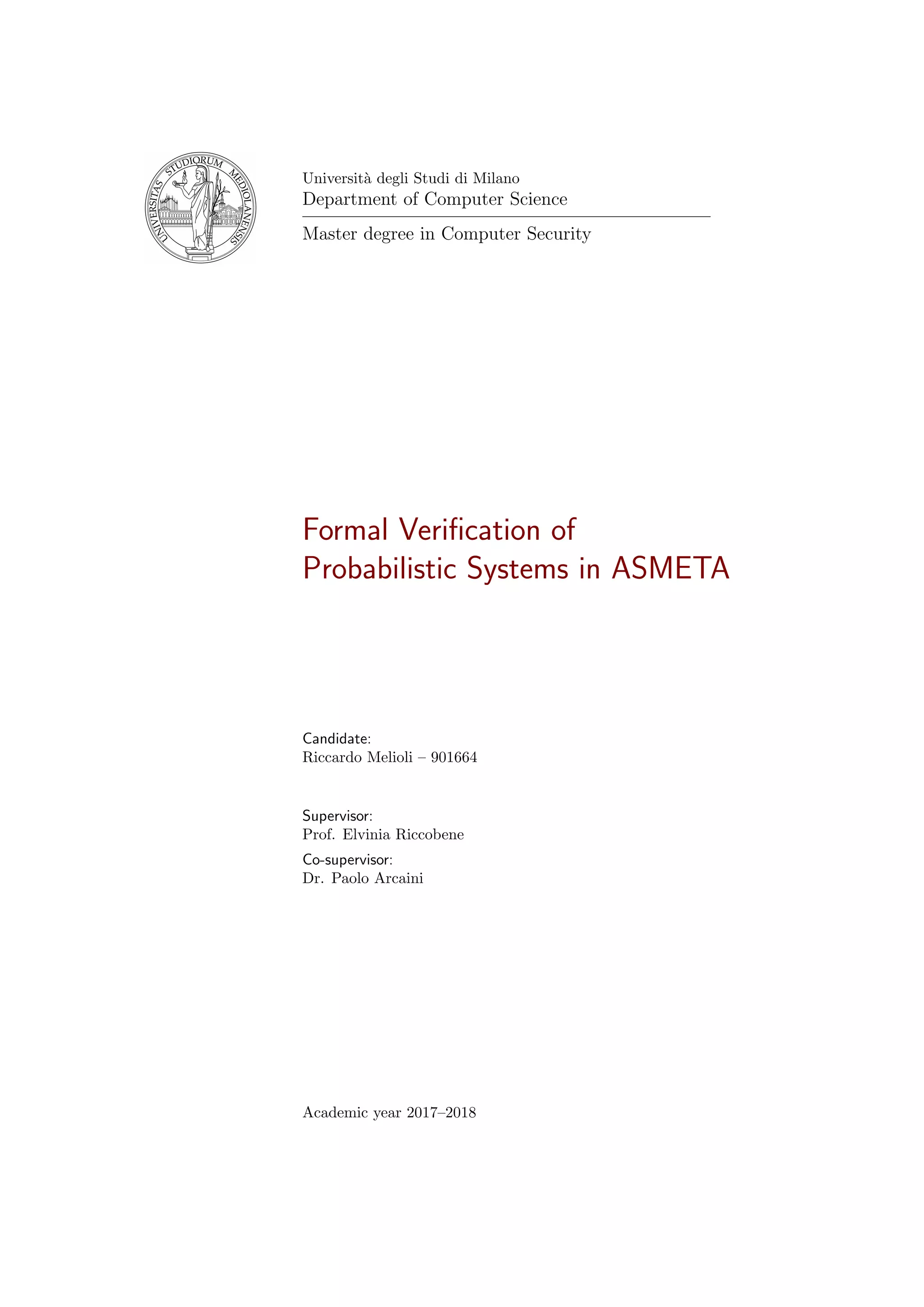Formal Verification of Probabilistic Systems in ASMETA | PDF
