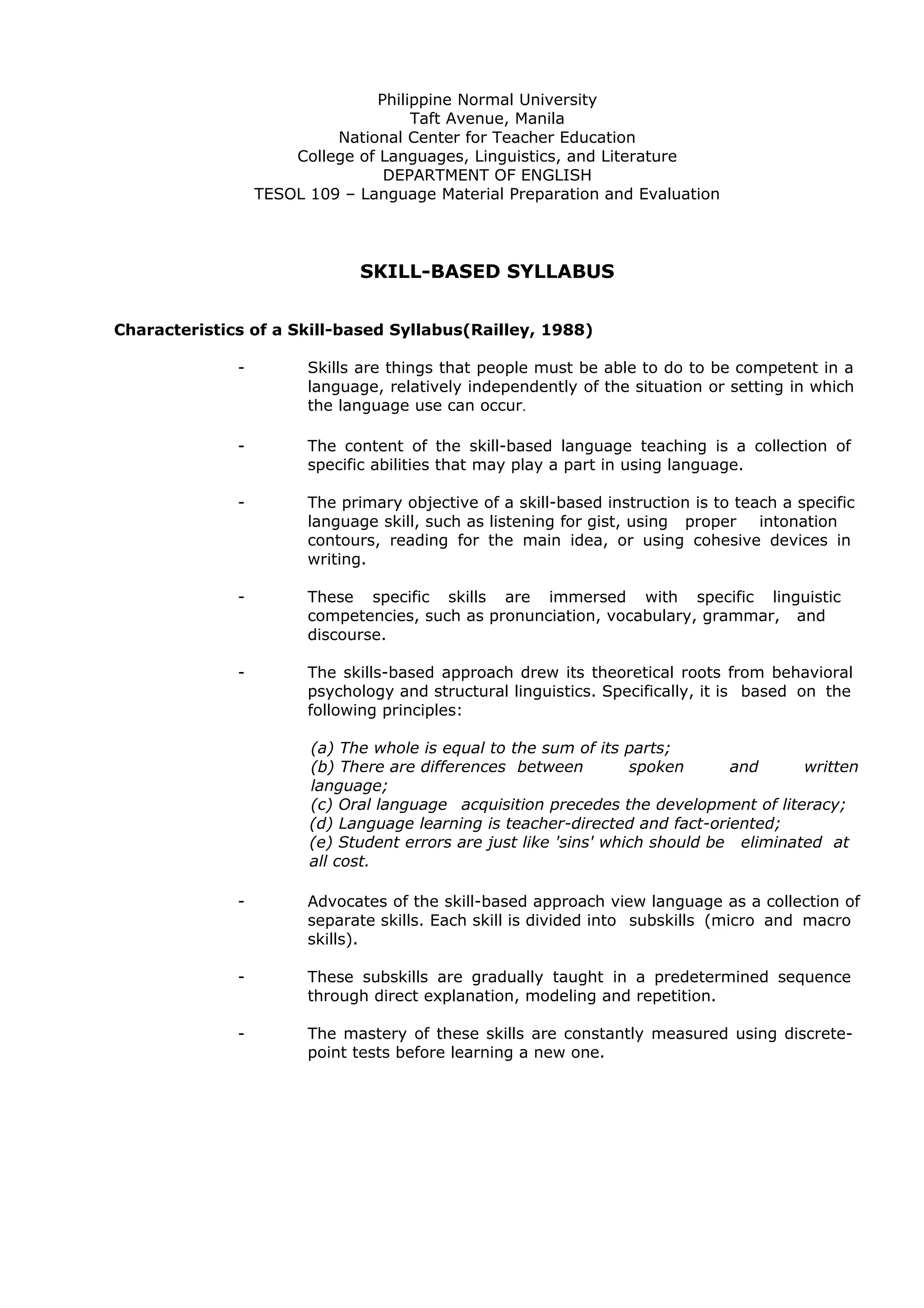 TESOL 109 - The Skills-based Syllabus Design | DOC