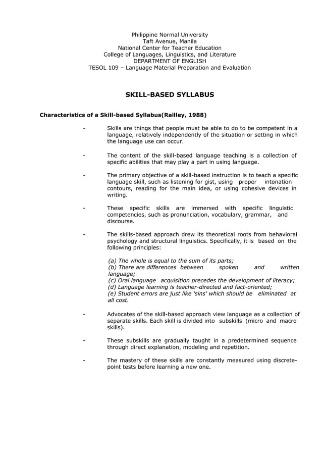 TESOL 109 - The Skills-based Syllabus Design | DOC