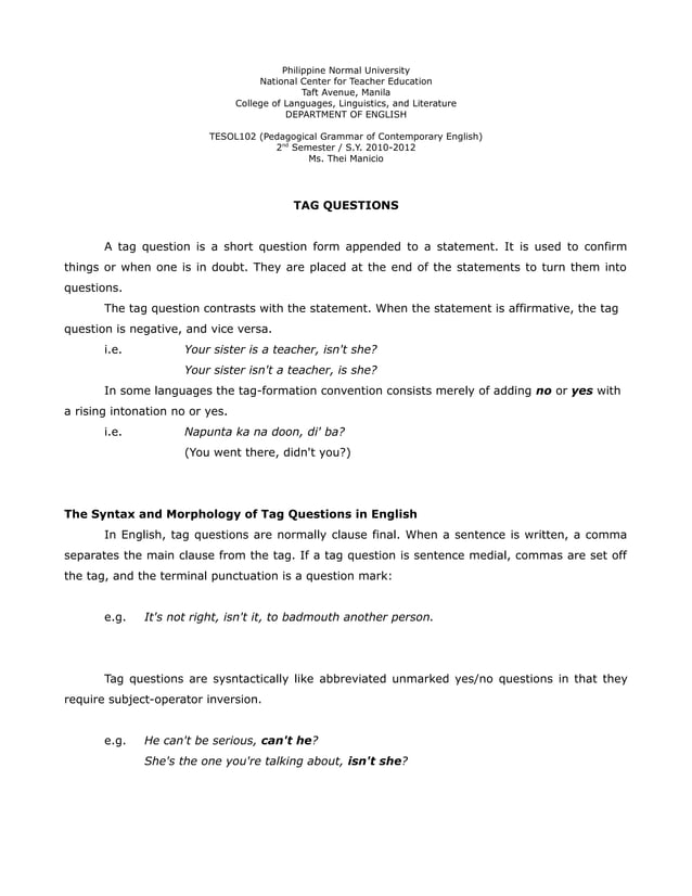 TESOL 102 - Tag Questions in English (Presentation) | ODT | Education