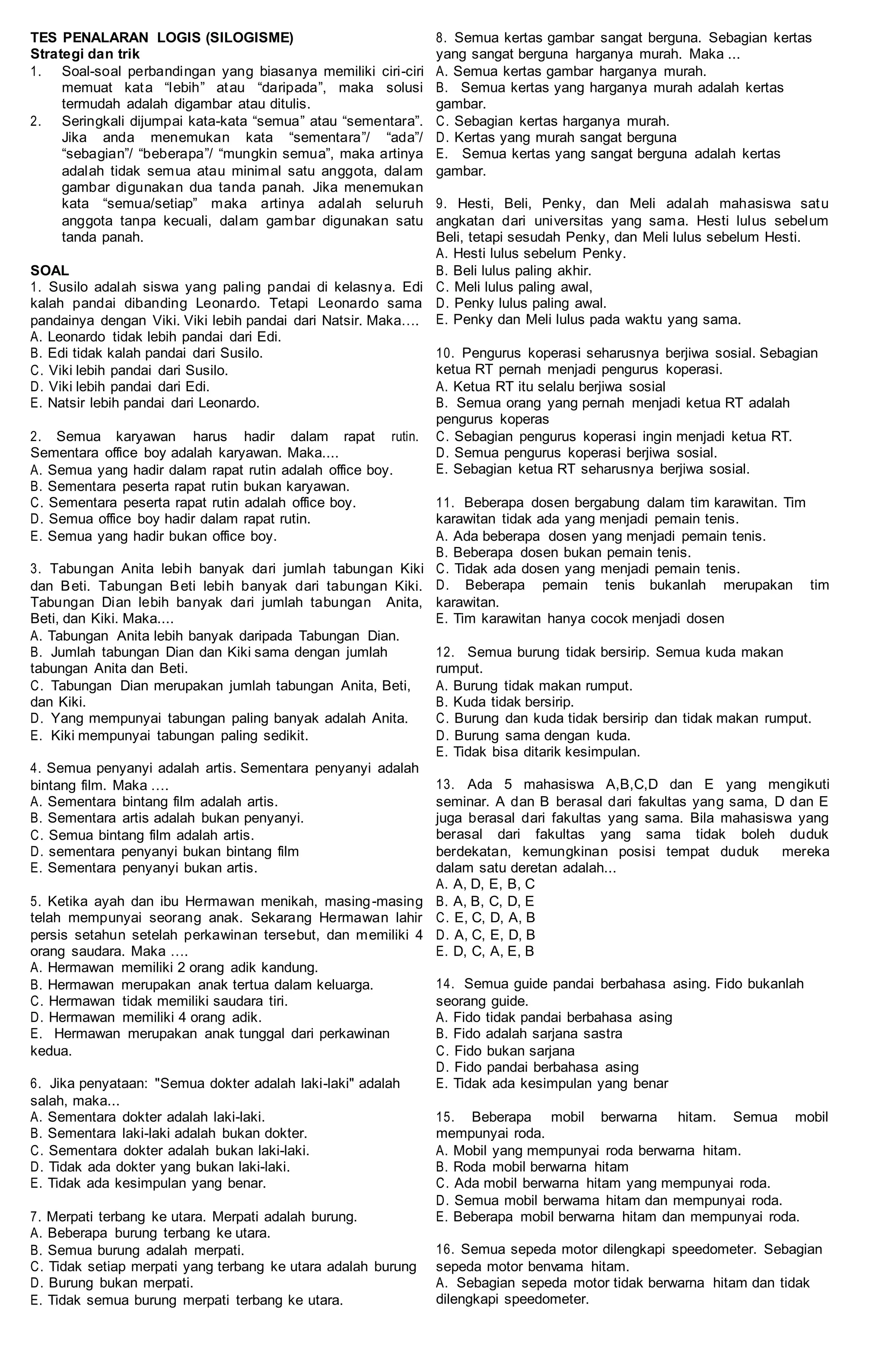 Contoh Soal Tes Penalaran Logis Terbaru | DOCX