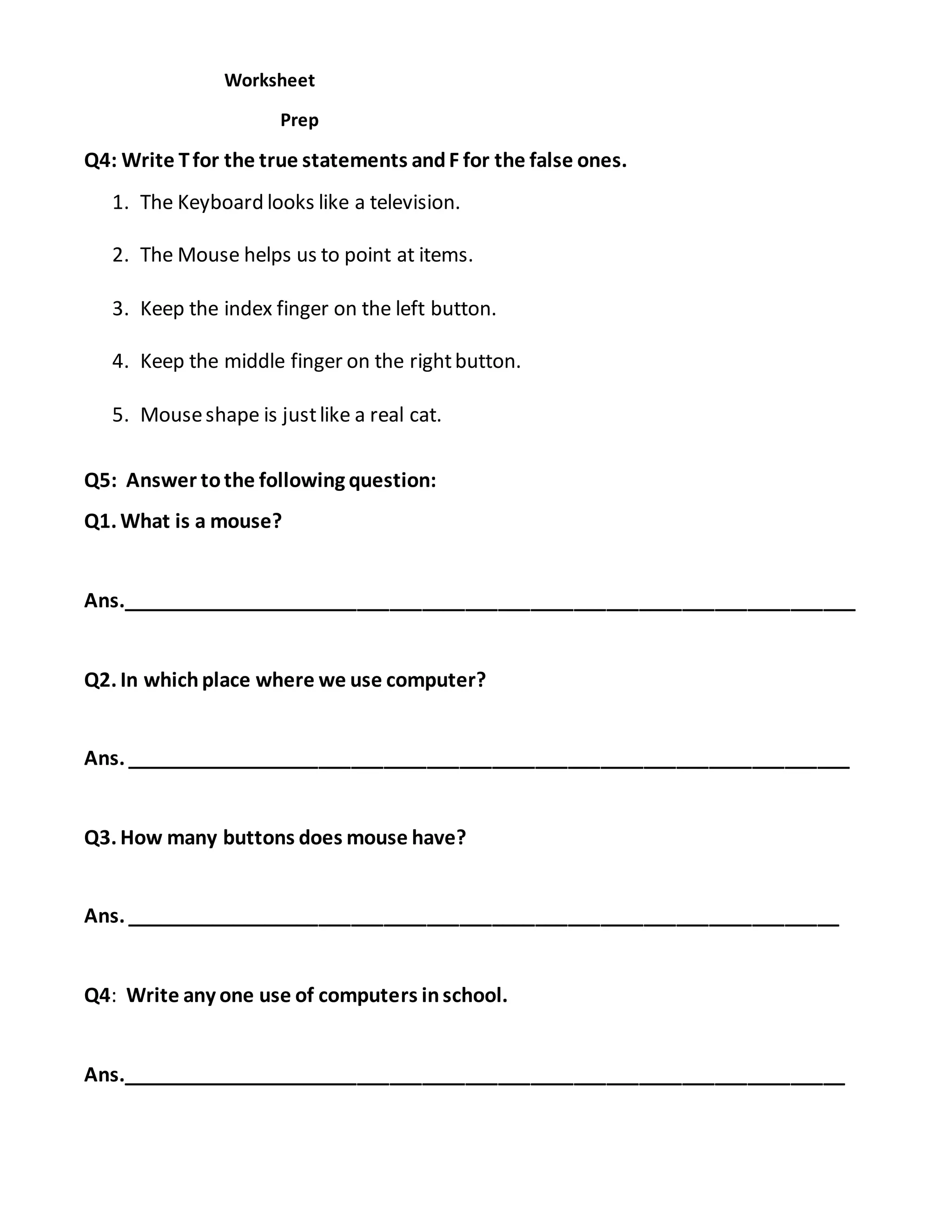 Grade Prep computer worksheet 2 | DOCX