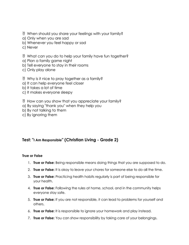 CHRISTIAN LIVING TEST SAMPLE GRADE 2 LEVEL | DOCX