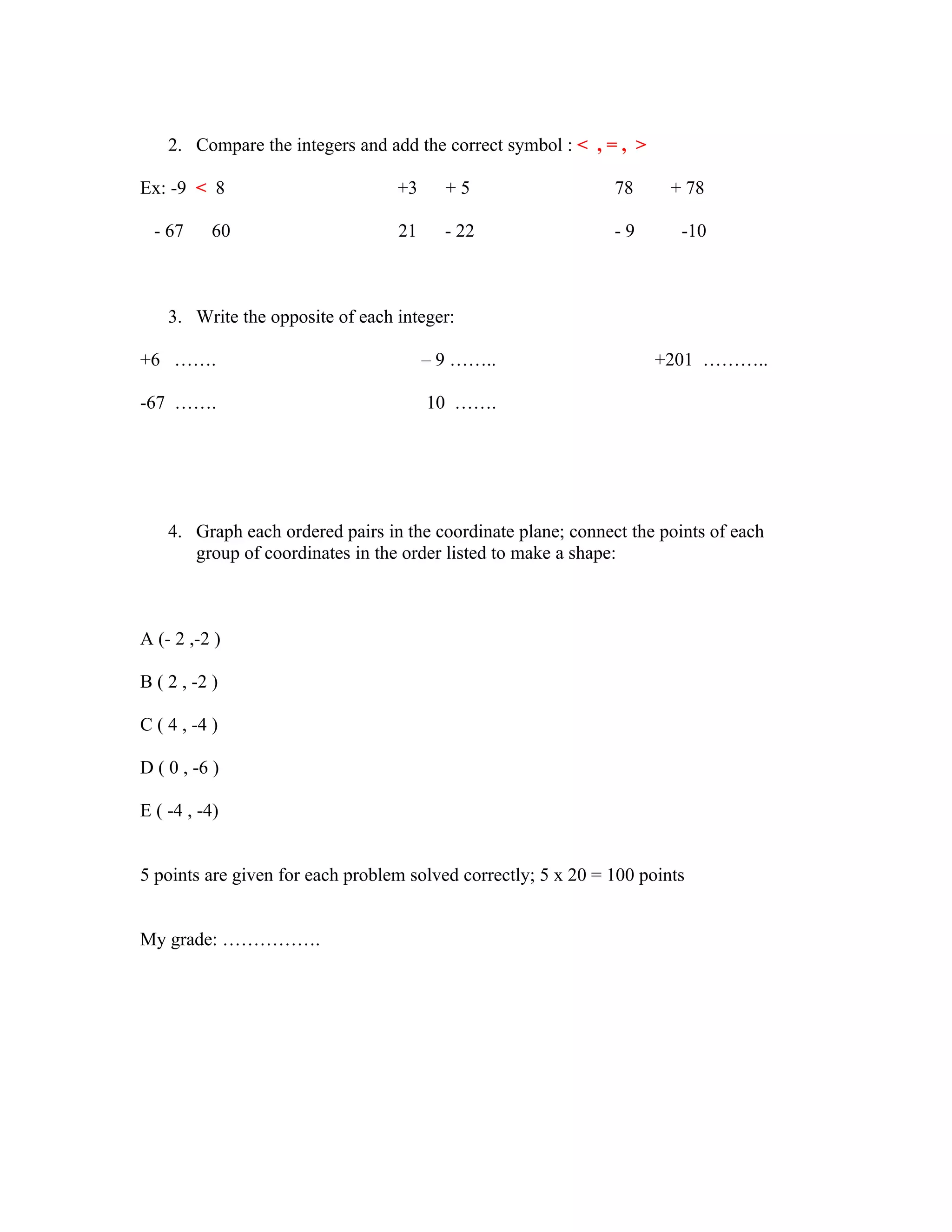 Test Integers | DOC | Educational Assessment | Education
