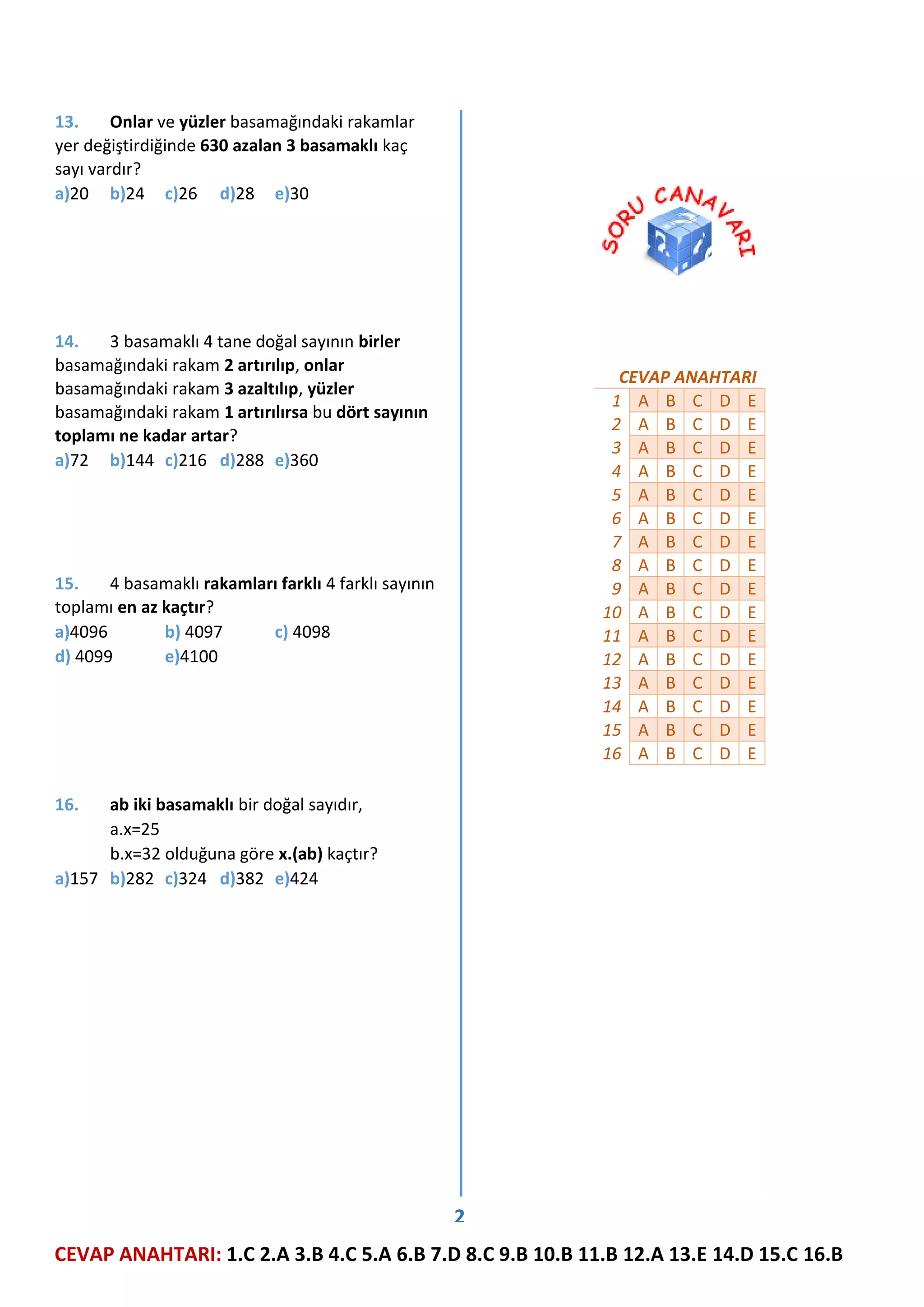Test 1 - Basamak Degeri - Çözümleme | PDF