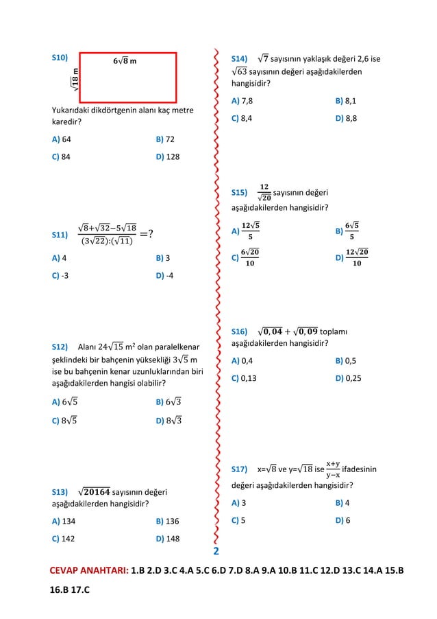 8. Sınıf Kareköklü Sayılar Yaprak Testi 1 | PDF