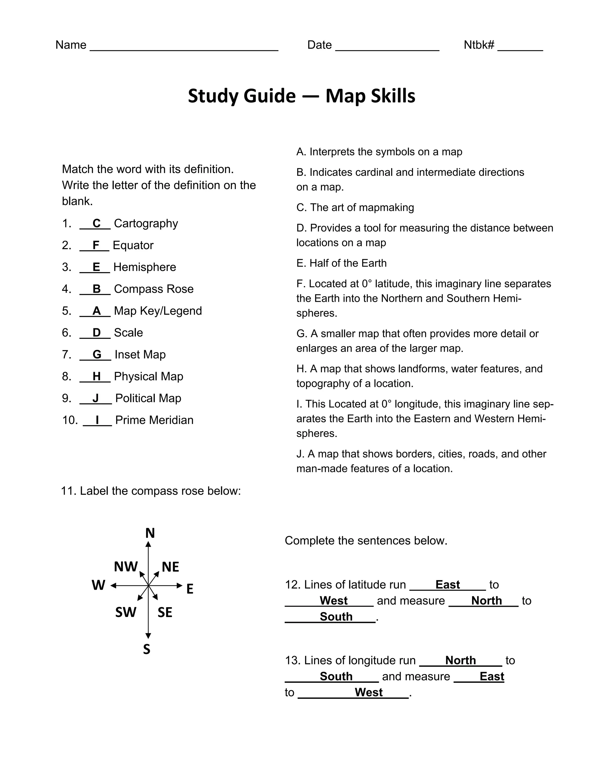 Map Skills - Study Guide (KEY) | PDF | Geography | Science
