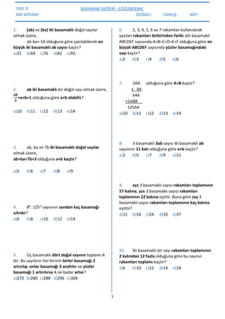 Test 2 - Basamak Degeri - Çözümleme | PDF