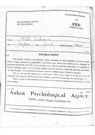 TEST FES BC Family Environment Scale Bhatia & Chadha MA Psy Sem3 2022 ...