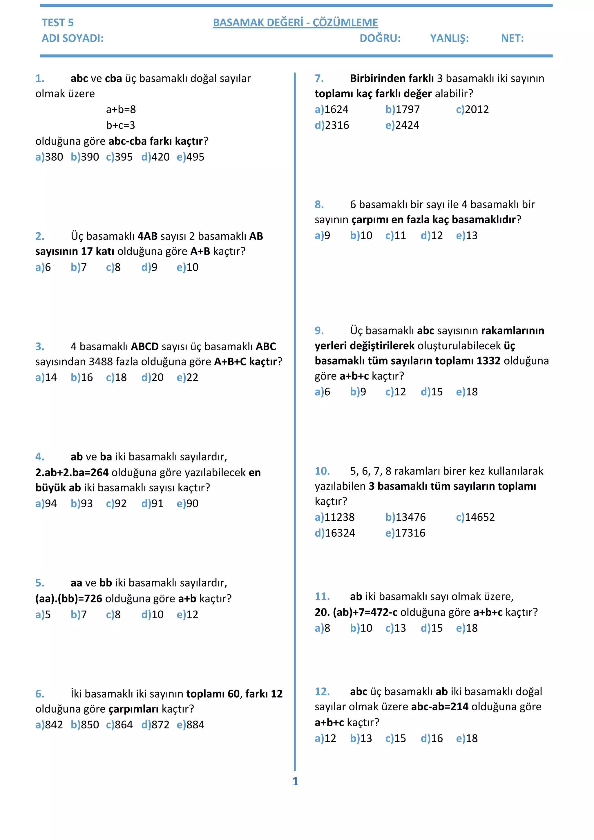 Test 5 - Basamak Degeri - Çözümleme | PDF