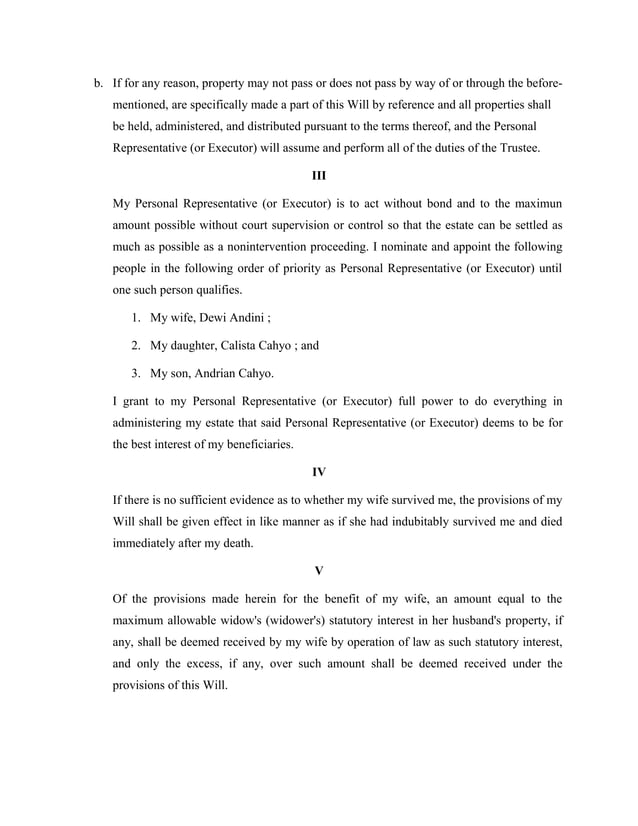 Testament example | DOC | Personal Taxes | Personal Finance