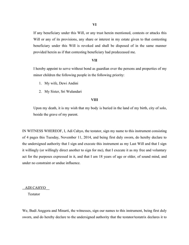 Testament example | DOC | Personal Taxes | Personal Finance