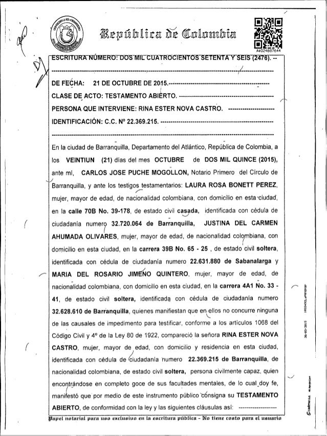modelo de testamento abierto por escritura publica