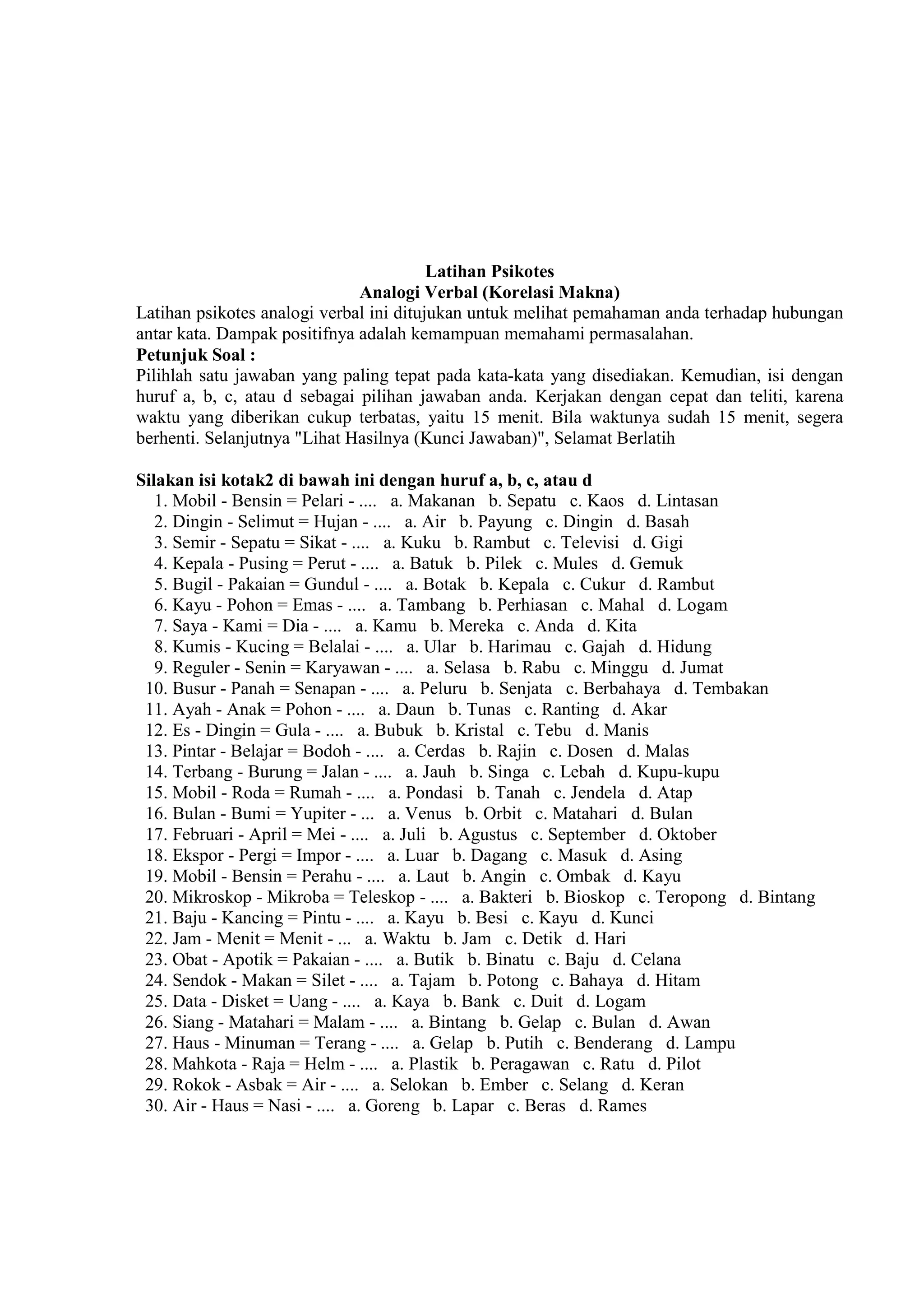 Test analogi verbal (korelasi makna) | PDF