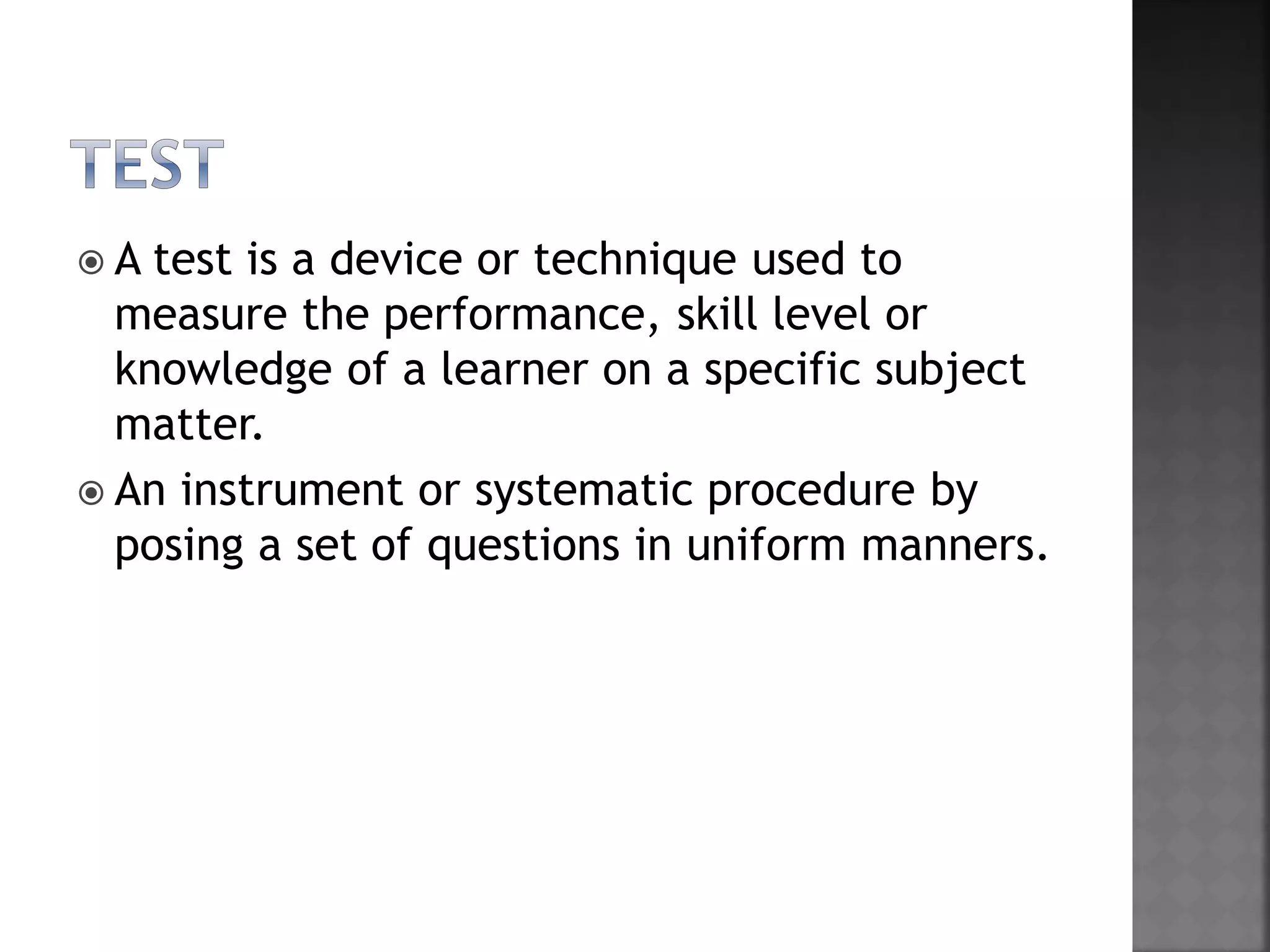 Test and types of test in education | PDF | Standardized Testing ...
