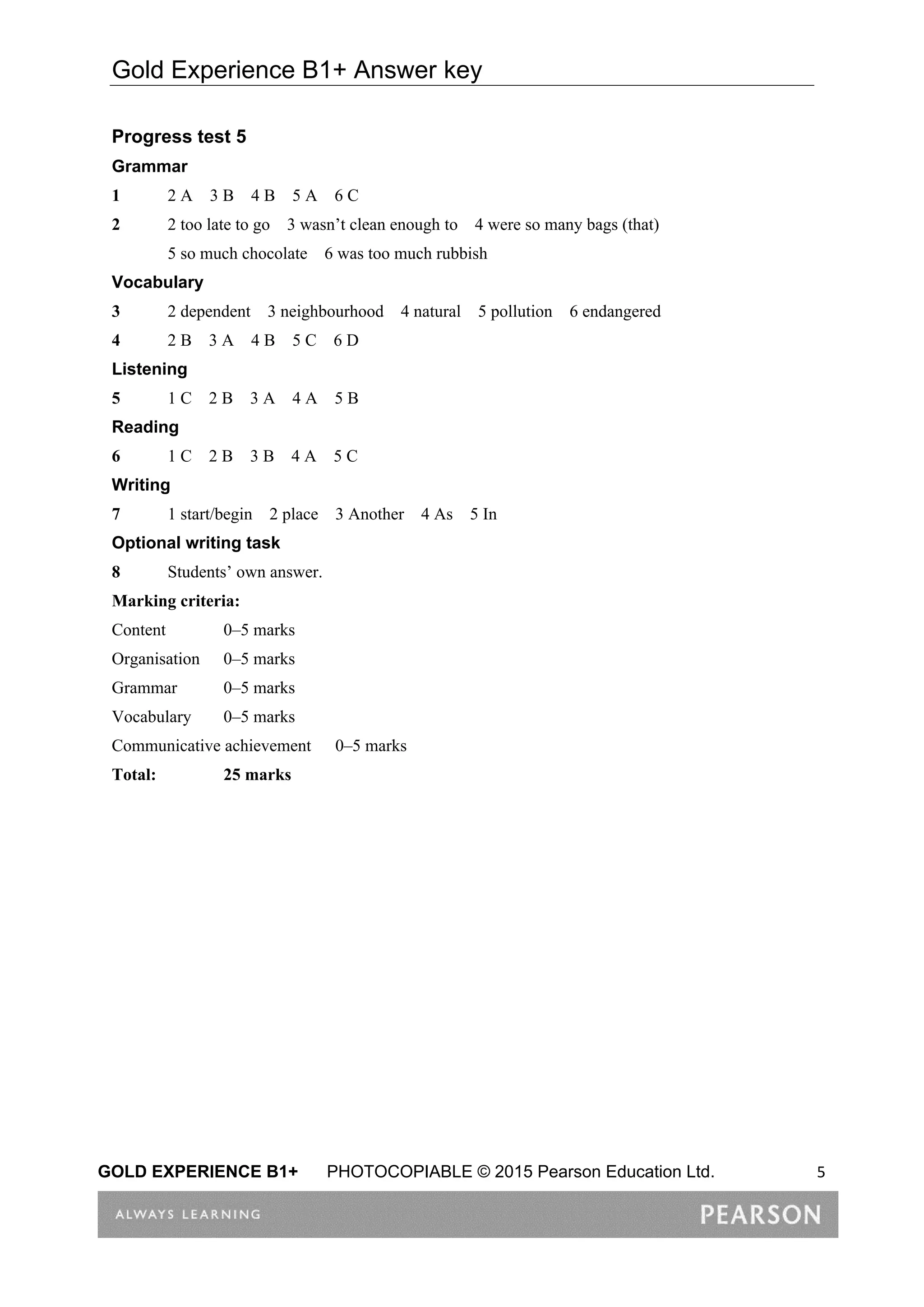 Test answer key gold experience gold b1+ | PDF