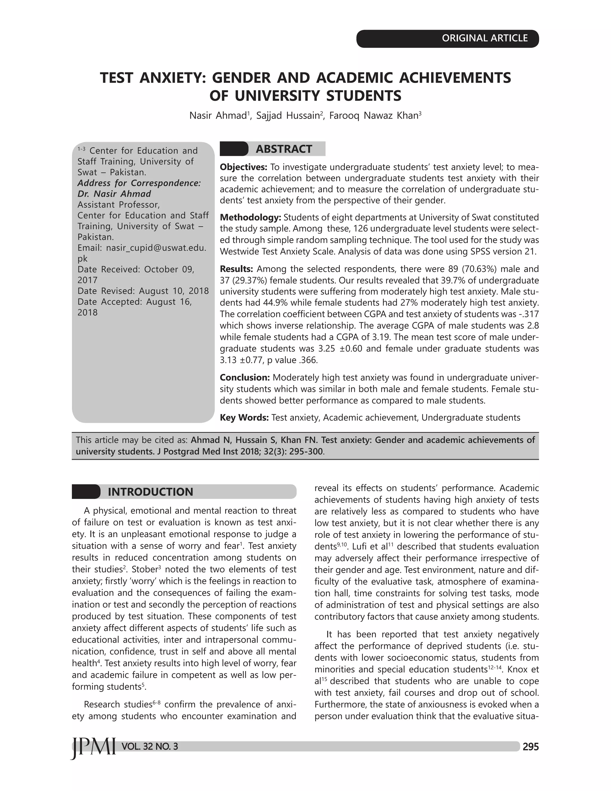 Test anxiety gender and academic achievements | PDF