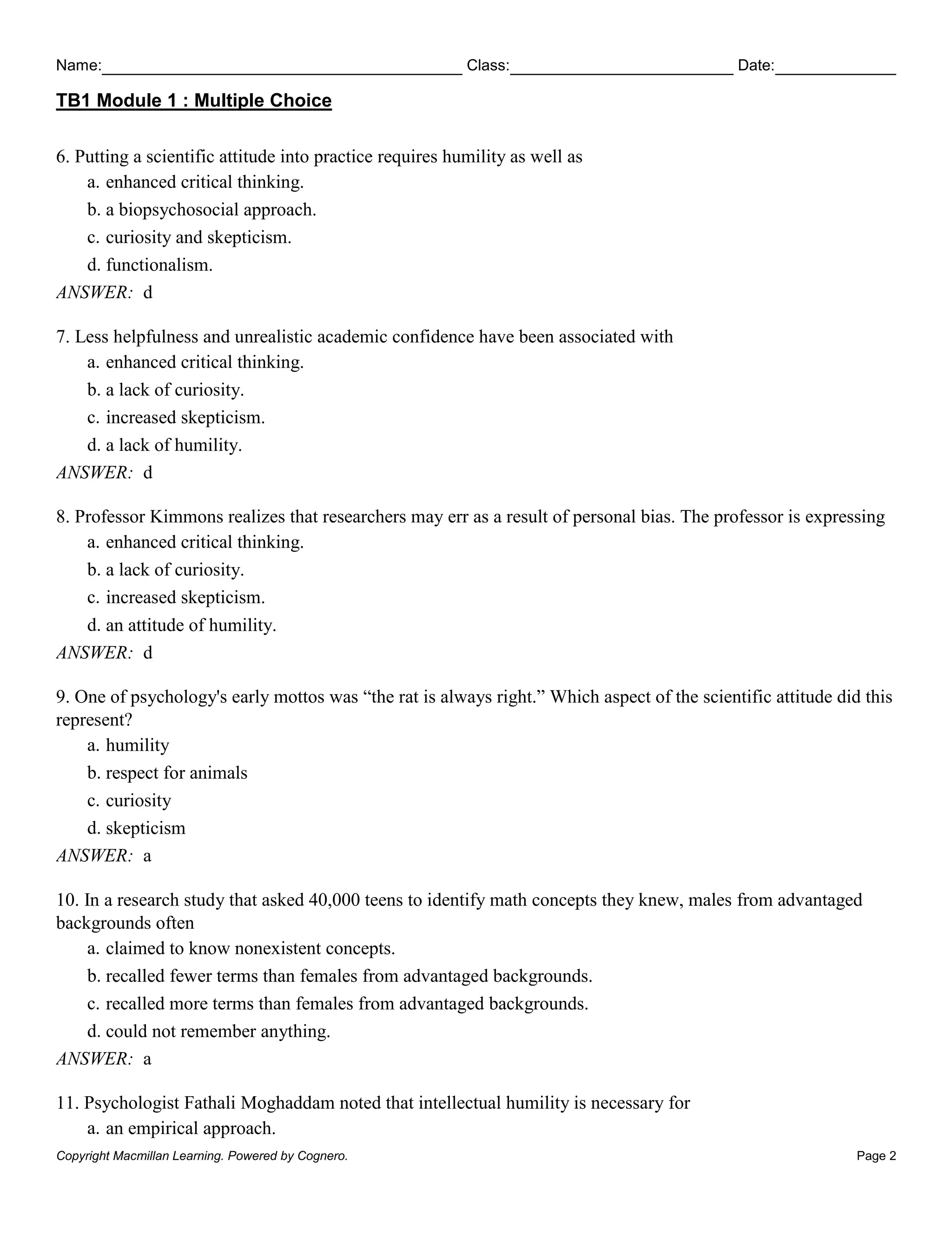 test bank Exploring Psychology in Modules,12e David Myers, Nathan ...