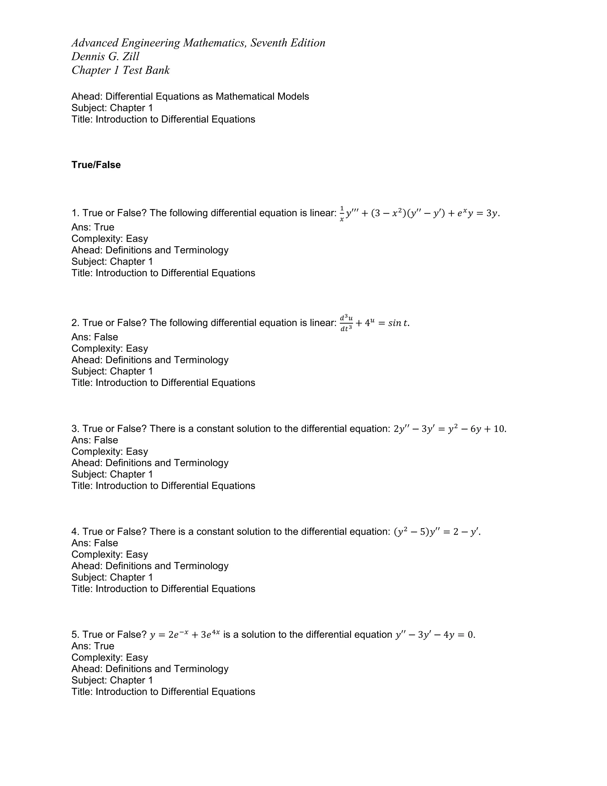 Question Bank for Advanced Engineering Mathematics 7th Edition by ...