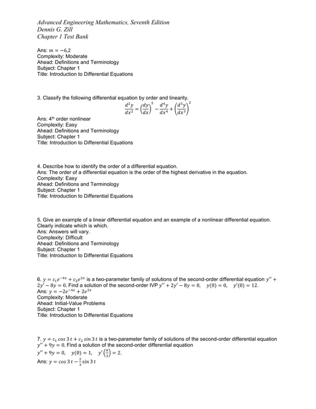 Question Bank for Advanced Engineering Mathematics 7th Edition by Dennis Zill | PDF