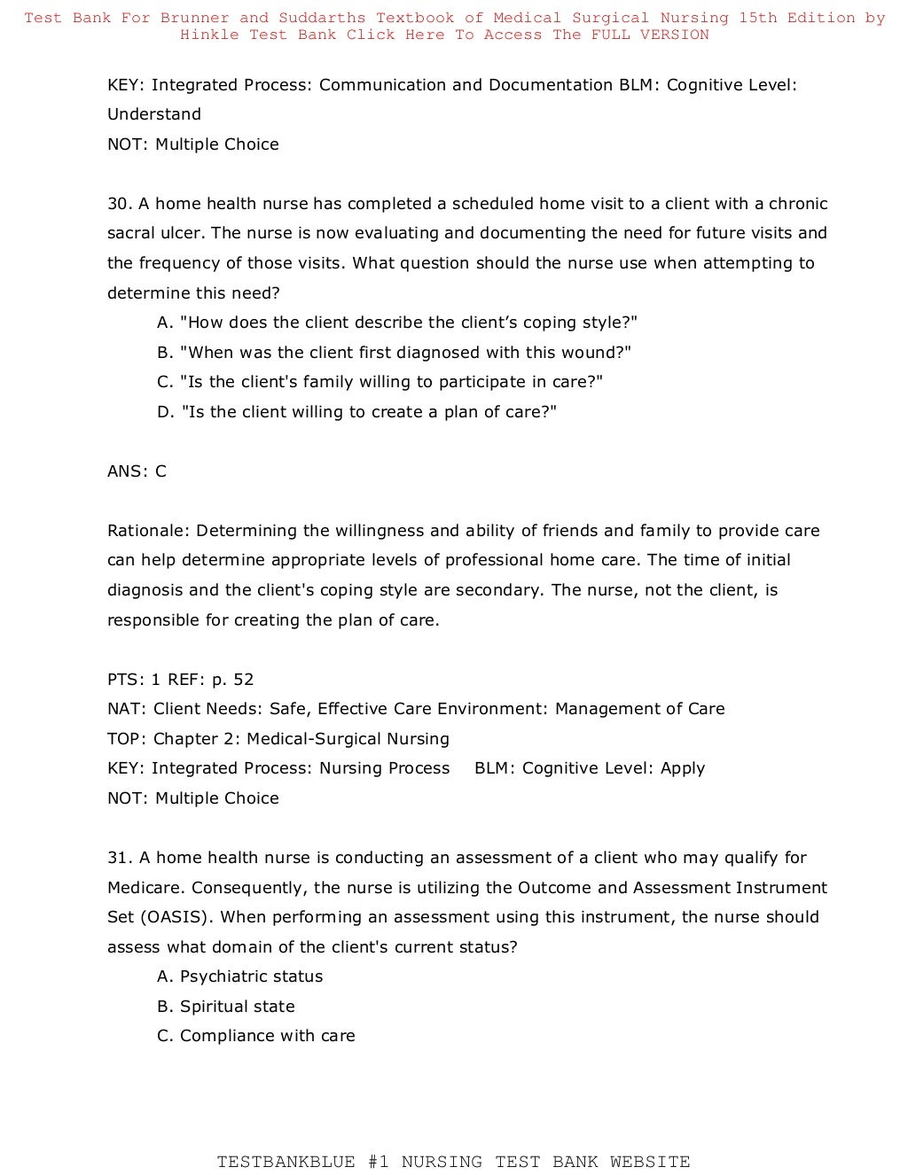 Test Bank for Brunner and Suddarths Textbook of Medical Surgical ...