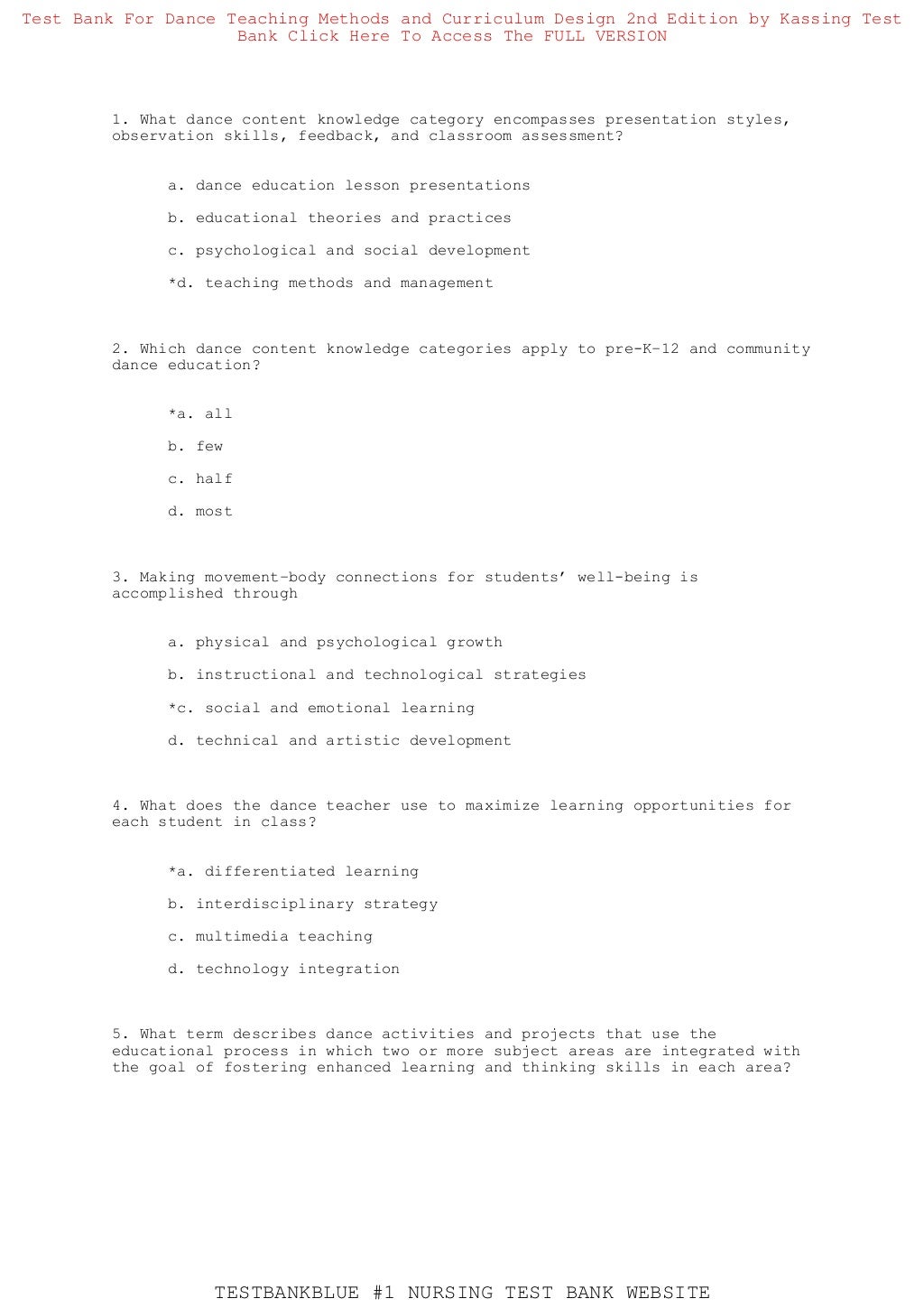 Test Bank for Dance Teaching Methods and Curriculum Design 2nd Edition ...