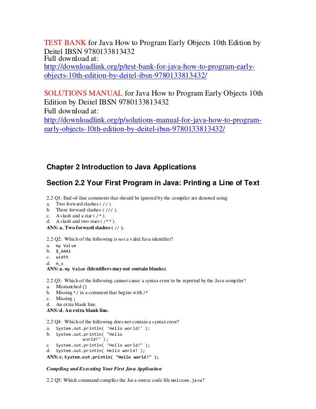 Test Bank For Java How To Program Early Objects 10th Edition By Deitel Ibsn 9780133813432