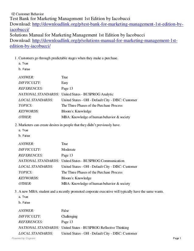 Test Bank for Marketing Management 1st Edition by Iacobucci